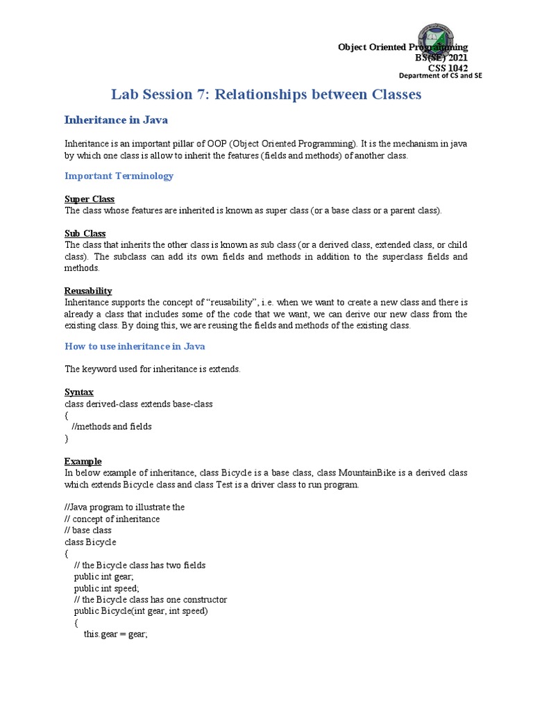 Lab Session 7 Relationships Between Classes Inheritance In Java Pdf Inheritance Object