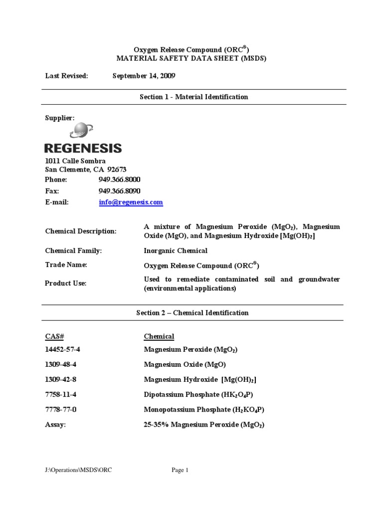 ORC MSDS 9-14-09 MgO2 | PDF | Magnesium | Atoms