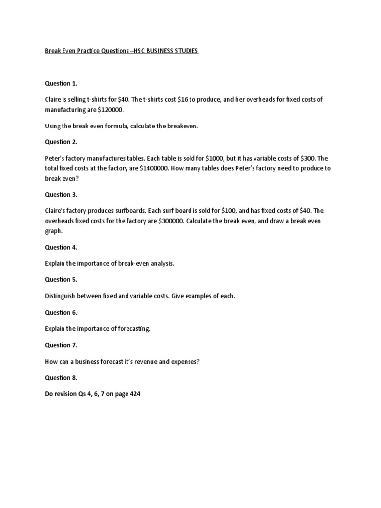 Break Even Practice Questions | PDF