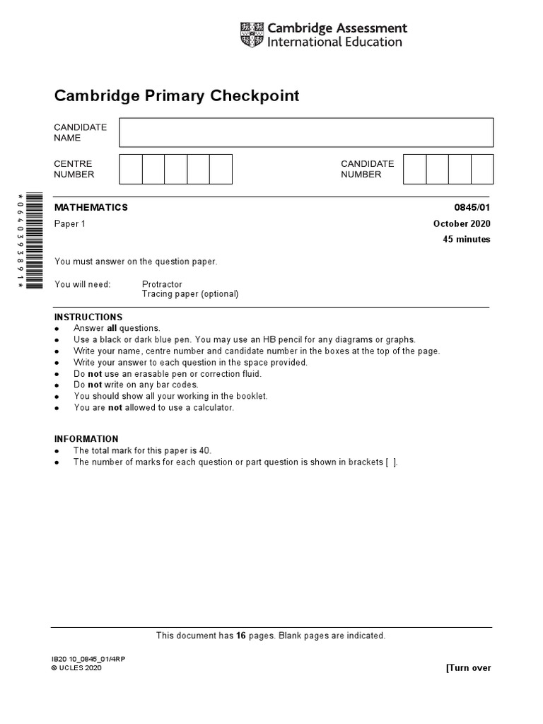 Cambridge Primary Checkpoint: Mathematics 0845/01 | PDF | Copyright