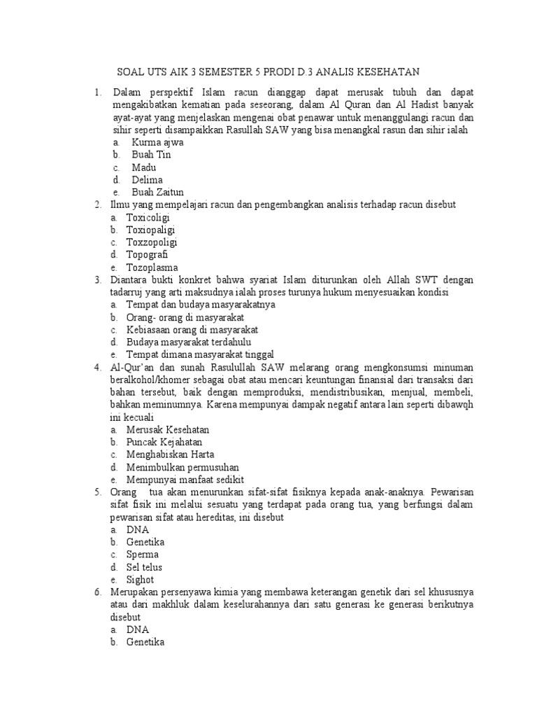 Latihan Soal Uas Aik 3 | PDF | Kesehatan Holistik | Agama & Spiritualitas
