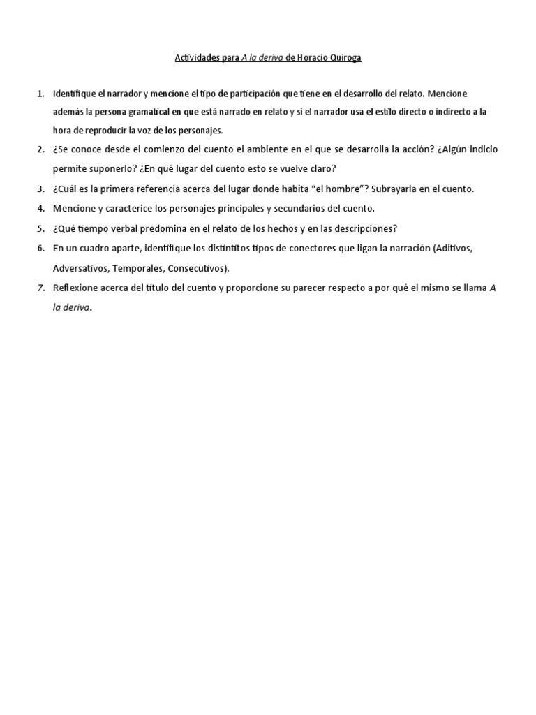 Actividades para A La Deriva de Horacio Quiroga | PDF