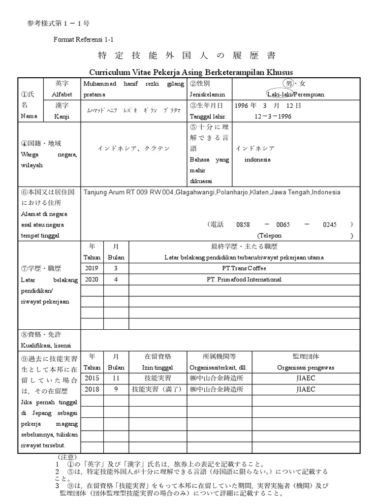 Contoh CV Program SSW Jepang | PDF