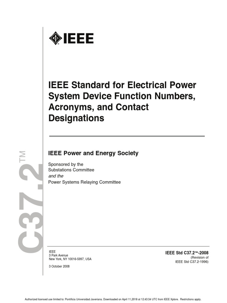 IEEE Standard For Electrical Power System Device Function Numbers ...