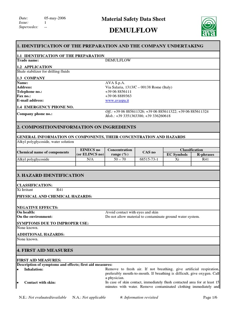 DEMULFLOW Msds Eng | PDF | Chemistry | Occupational Safety And Health