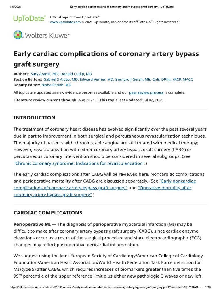 Early Cardiac Complications of Coronary Artery Bypass Graft Surgery ...