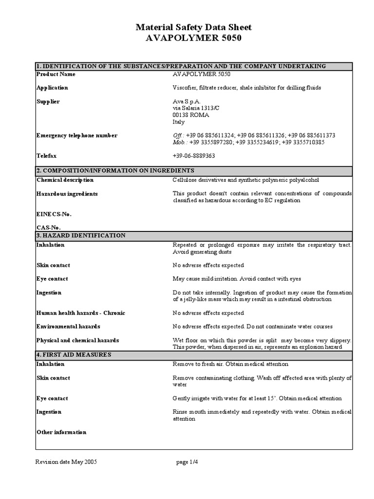 Material Safety Data Sheet Avapolymer 5050 | PDF | Personal Protective ...