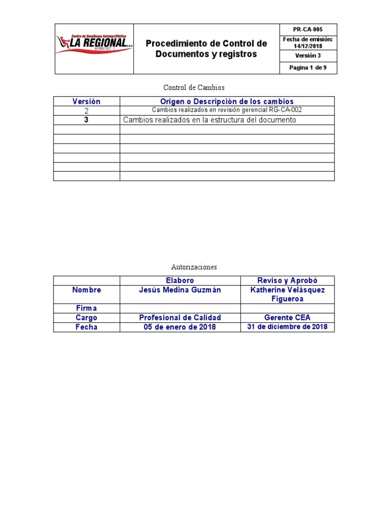 PR-CA-005 Procedimiento de Control de Documentos y Registros | PDF ...
