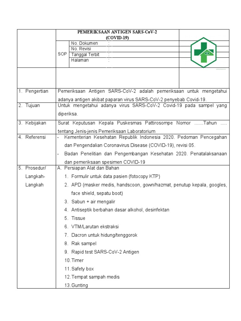 Sop Pemeriksaan Antigen Covid-19 | PDF