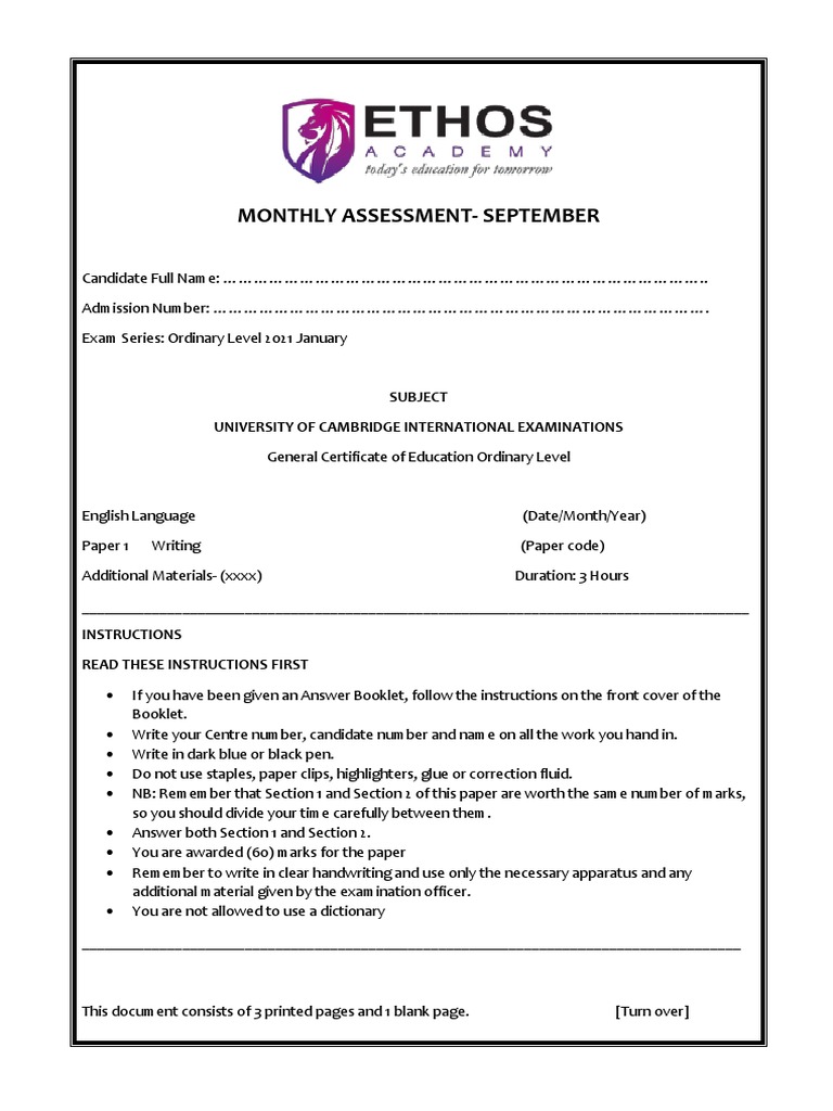 Ethos Academy - Term Exams - October | PDF
