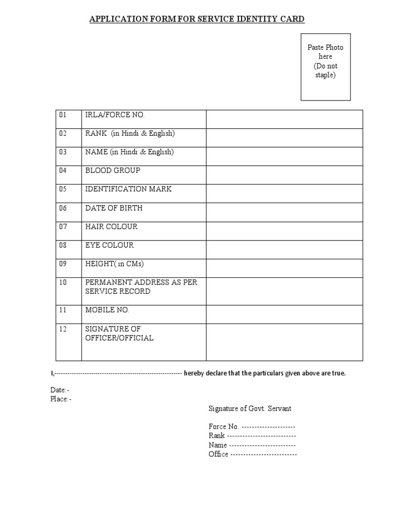 Service Identity Card Application Form | PDF