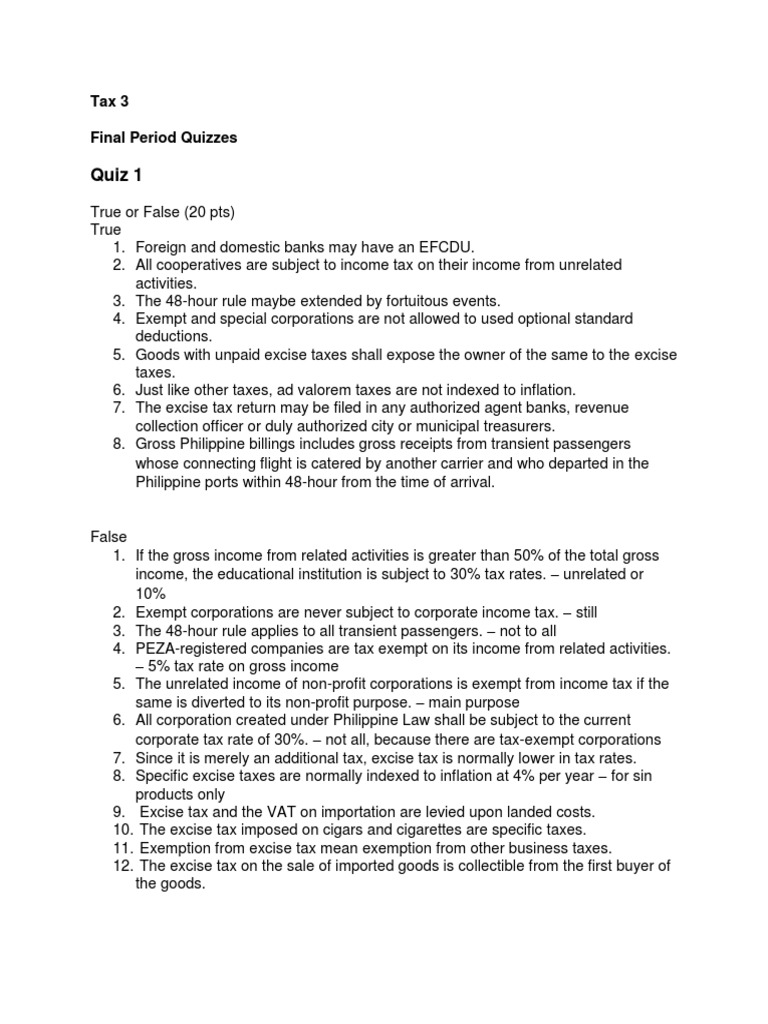 Quiz 1: Tax 3 Final Period Quizzes | PDF | Taxes | Tax Exemption