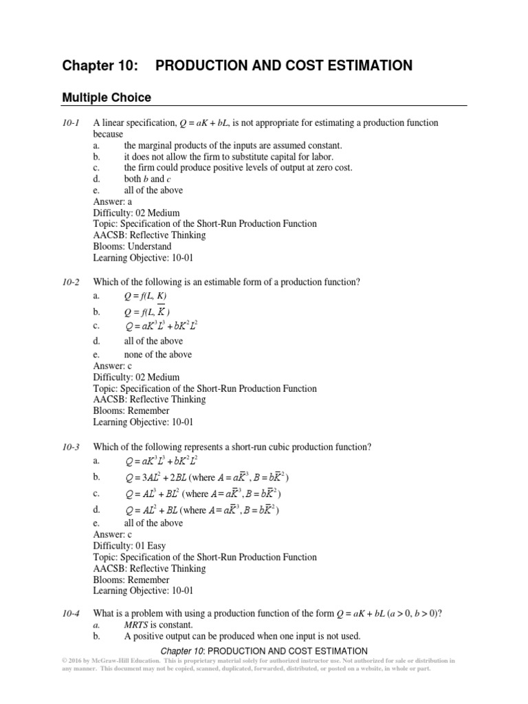 Production and Cost Estimation: Multiple Choice | PDF | Long Run And ...