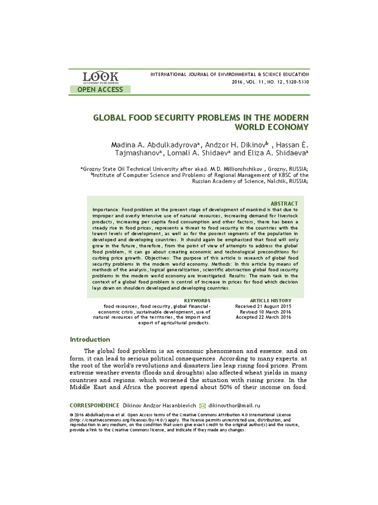 Global Food Security Problems in The Modern World Economy: Open Access ...