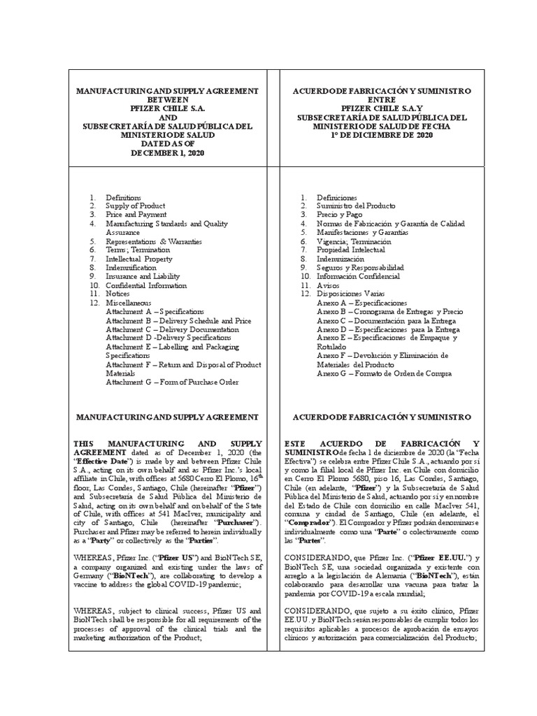 Acuerdo de Fabricacion y Suministro PFIZER | PDF | Administración de ...