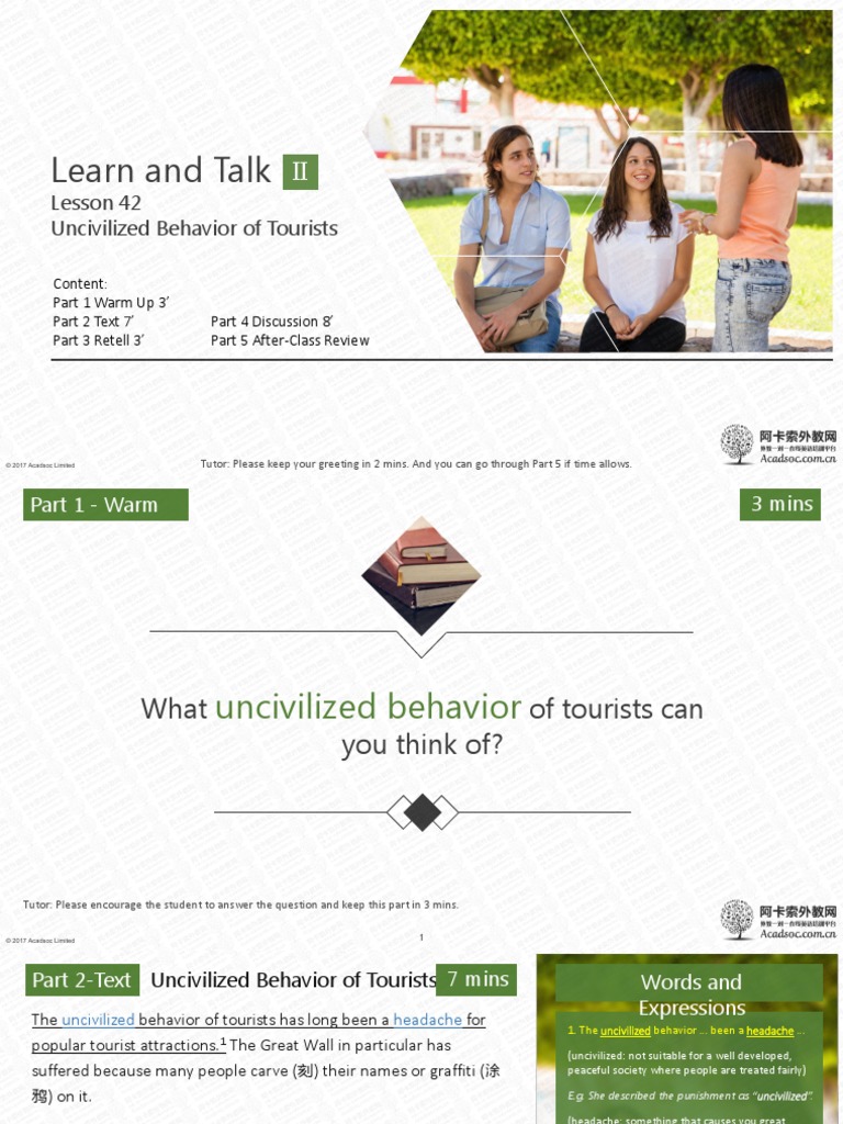 Learn and Talk: Lesson 42 Uncivilized Behavior of Tourists | PDF ...