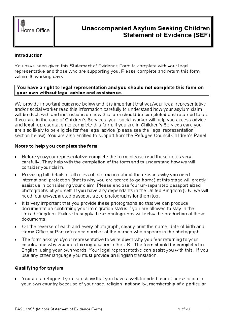 Unaccompanied Asylum Seeking Children Statement of Evidence (SEF) | PDF ...
