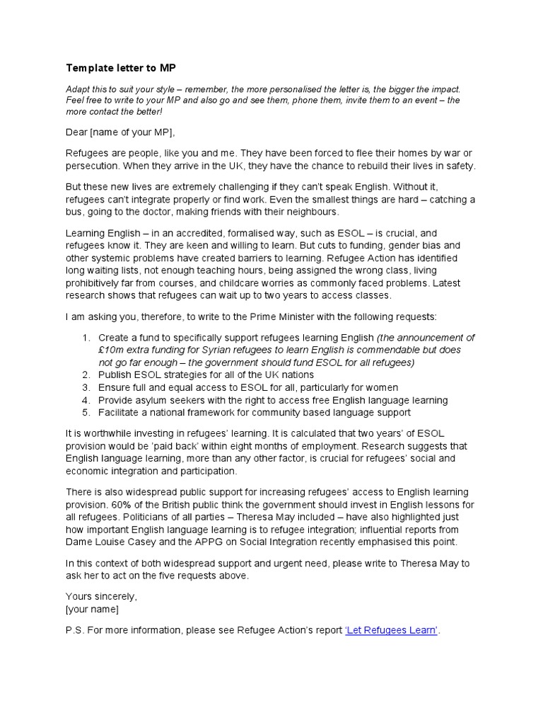Template Letter To MP-1 | PDF | Refugee | English As A Second Or ...