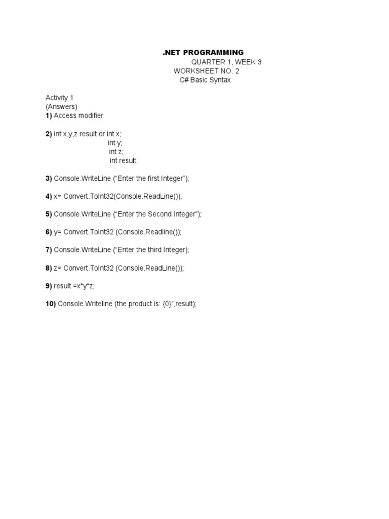 Quarter 1, Week 3 Worksheet No. 2 C# Basic Syntax Activity 1 (Answers ...