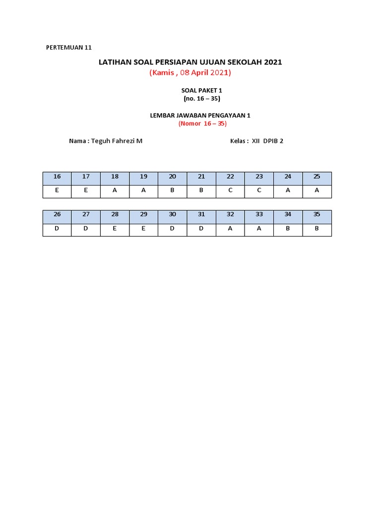 Latihan Soal Persiapan Ujian Sekolah 2021 | PDF