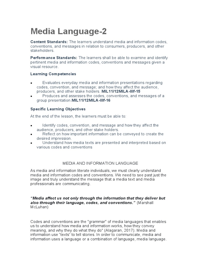 Media Language-2: Content Standards: The Learners Understand Media and ...