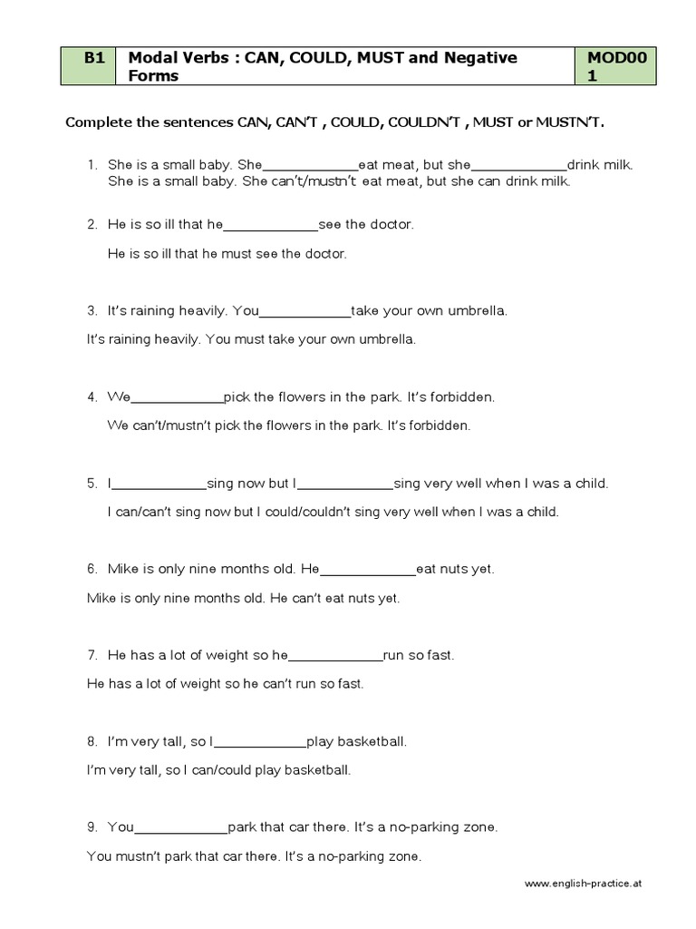 B1 Modal Verbs: CAN, COULD, MUST and Negative Forms MOD00 1 | PDF ...