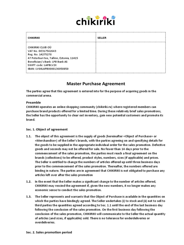 Master Purchase Agreement: Chikiriki Seller | Download Free PDF | Receipt | Invoice