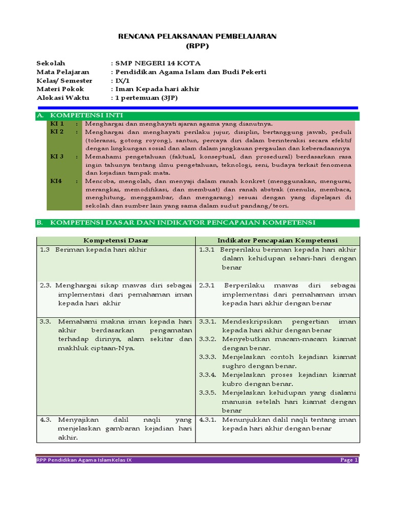 Contoh RPP MTS Kelas 9 Iman Kepada Hari Akhir | PDF