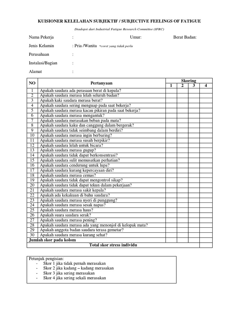 Kuisioner Kelelahan Subjektif | PDF