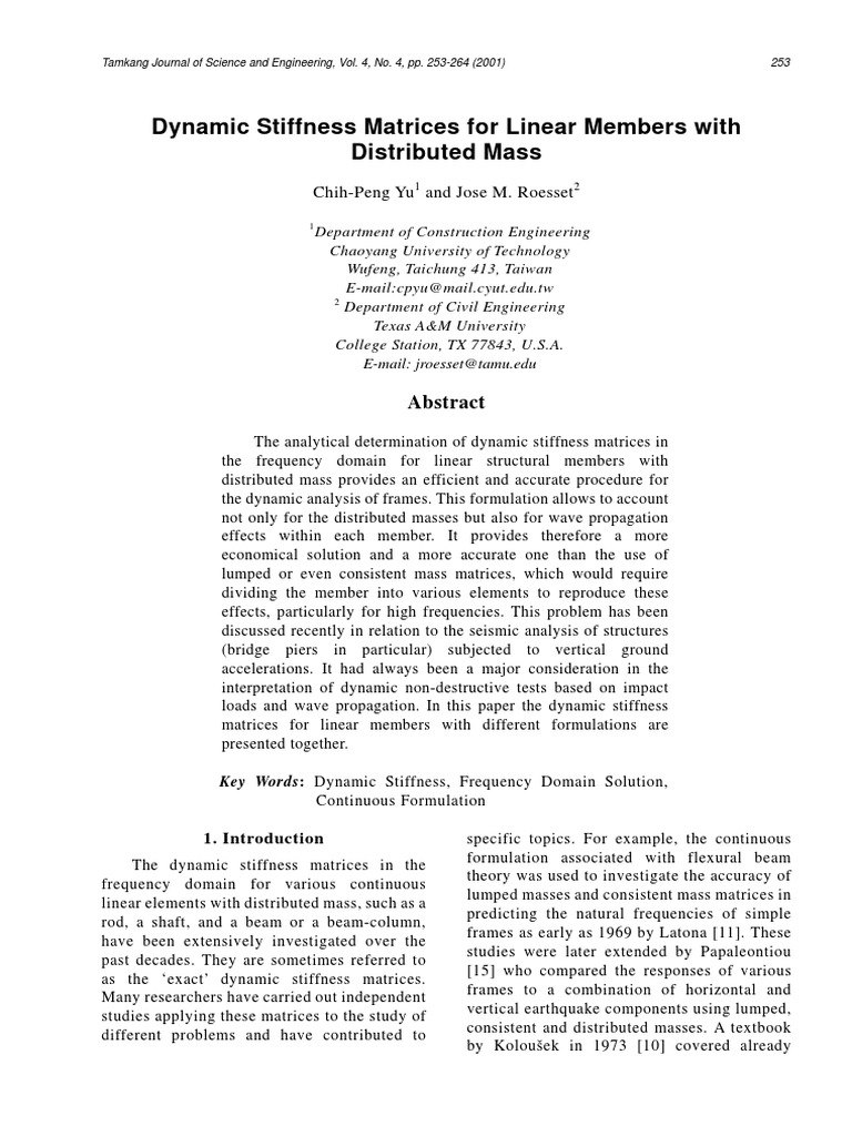 Article-Dynamic Stiffness Matrices For Linear Members With Distributed Mass | PDF | Matrix ...