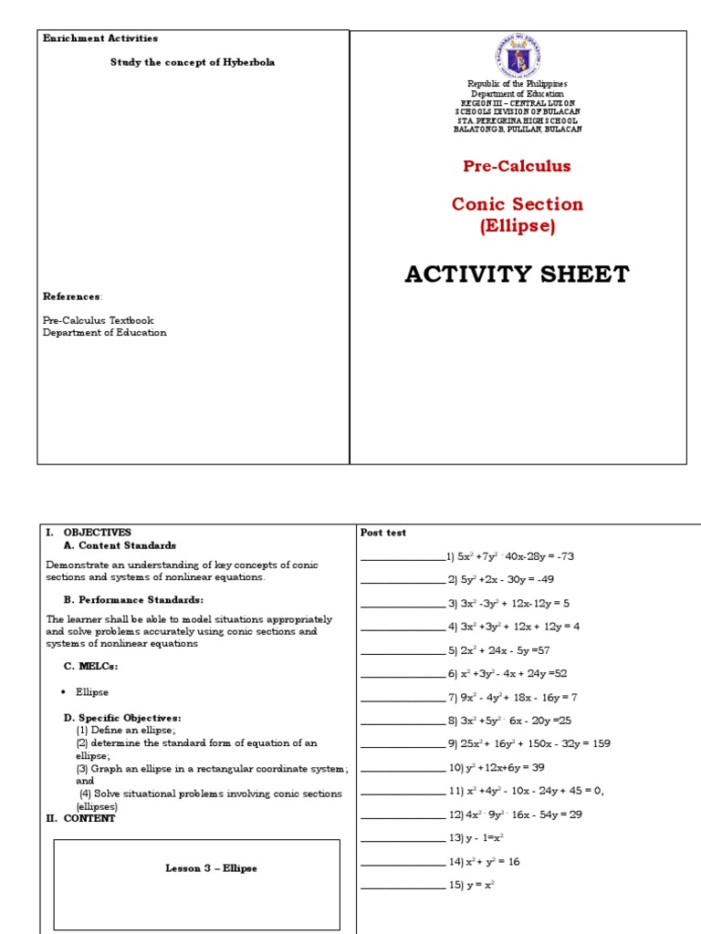 Activity-Sheet-Template Pre Calculus Week 3 | PDF | Ellipse | Geometric ...