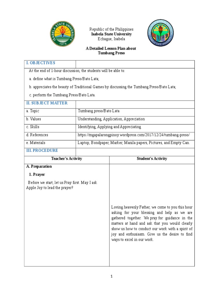 Lesson Plan in Tumbang Preso | PDF | Lesson Plan
