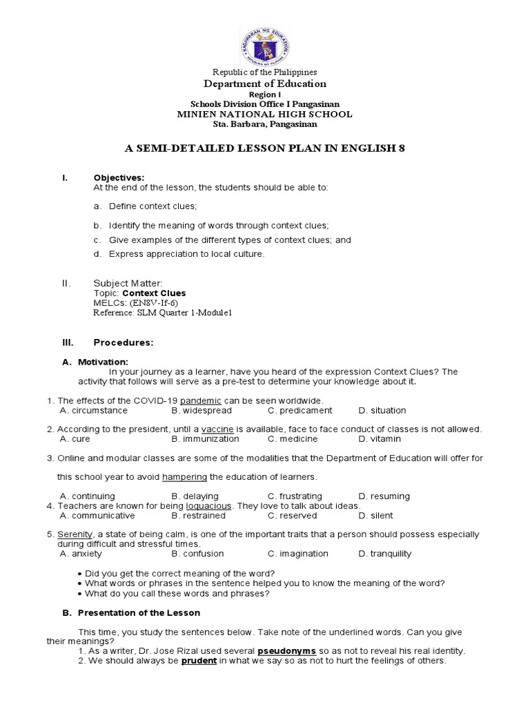 Semi Detailed Lesson Plan in Eng8 | PDF | Philippines