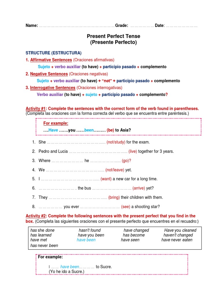 Actividades - Present Perfect | PDF