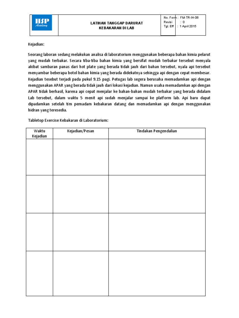 Contoh Tabletop Execercise Kebakaran Di Lab | PDF