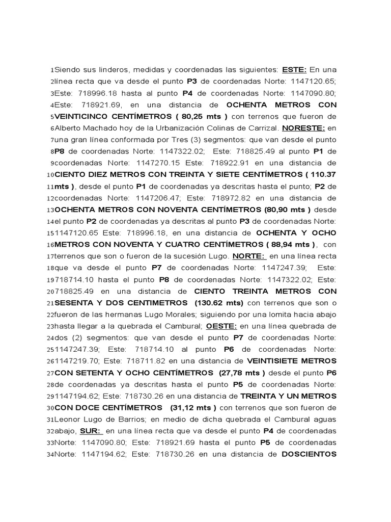 Linderos y coordenadas de un terreno | PDF