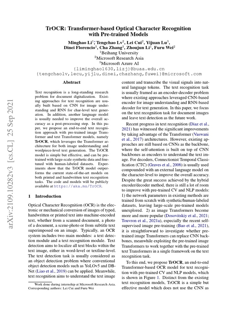 Trocr: Transformer-Based Optical Character Recognition With Pre-Trained ...