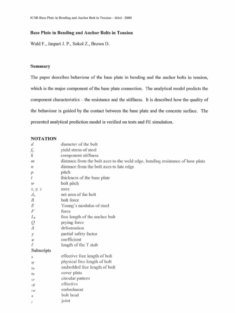 Base Plate in Bending and Anchor Bolts in Tension | PDF