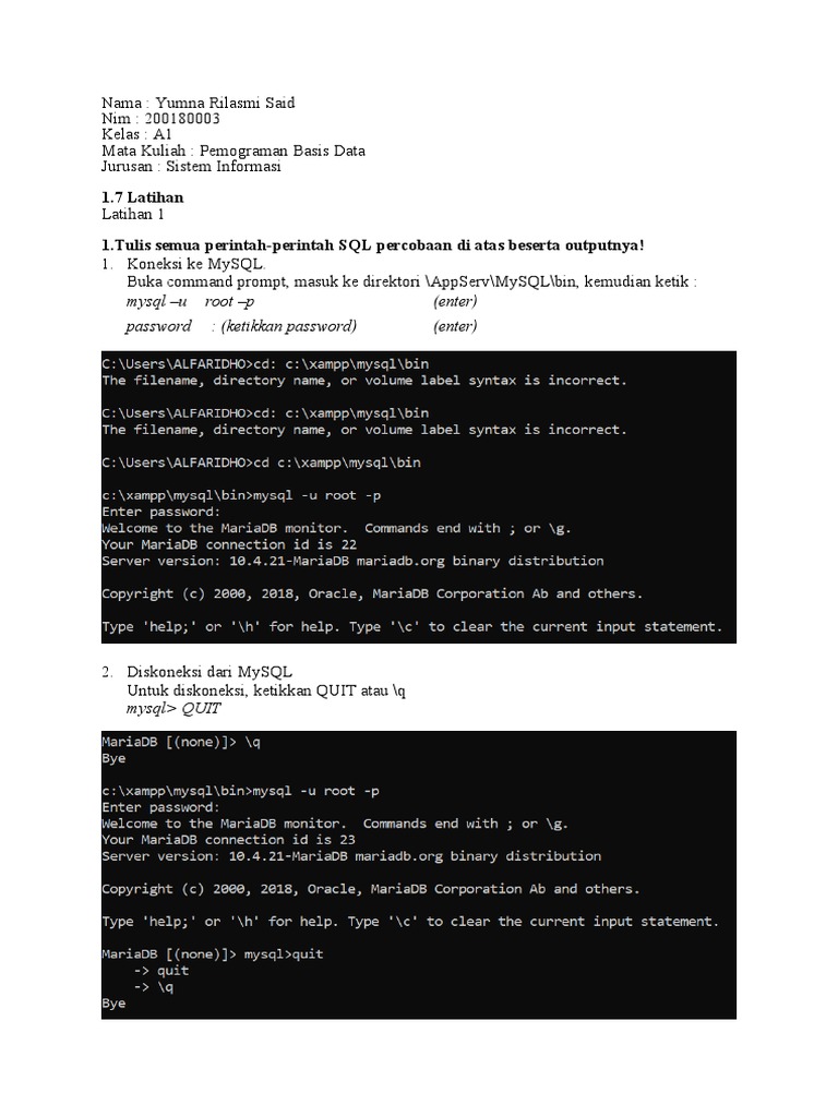 Yumna Rilasmi Said - Basisdata - Kelas - A1 | PDF
