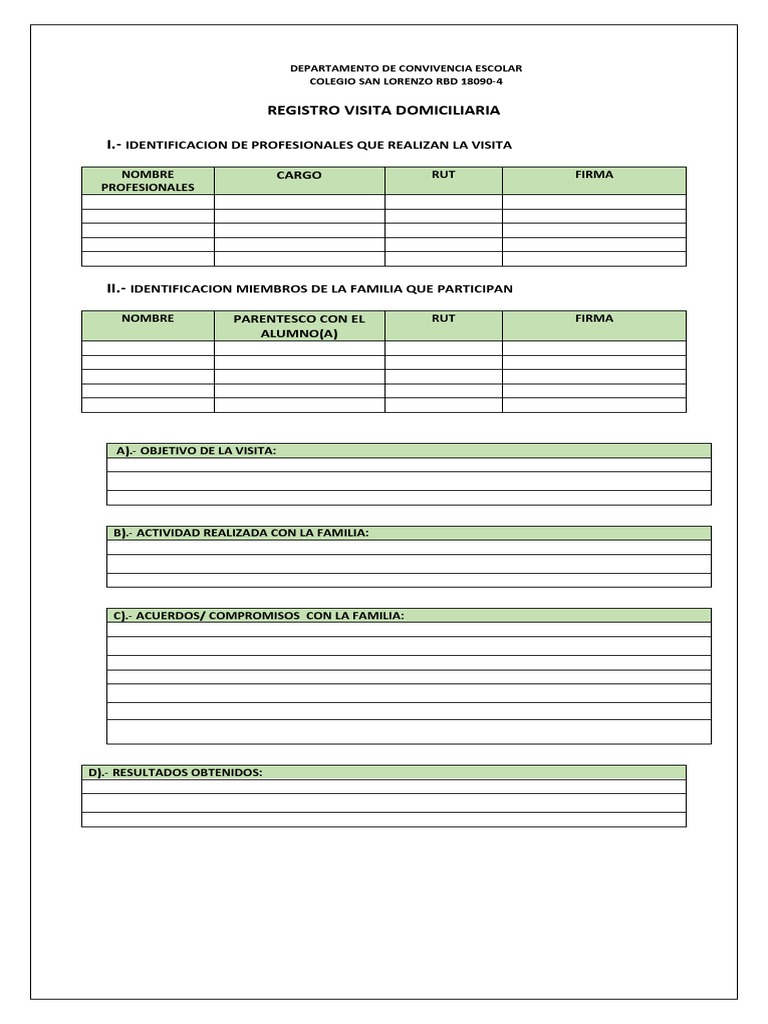 Registro de Visita Domiciliaria Convivencia Escolar | PDF