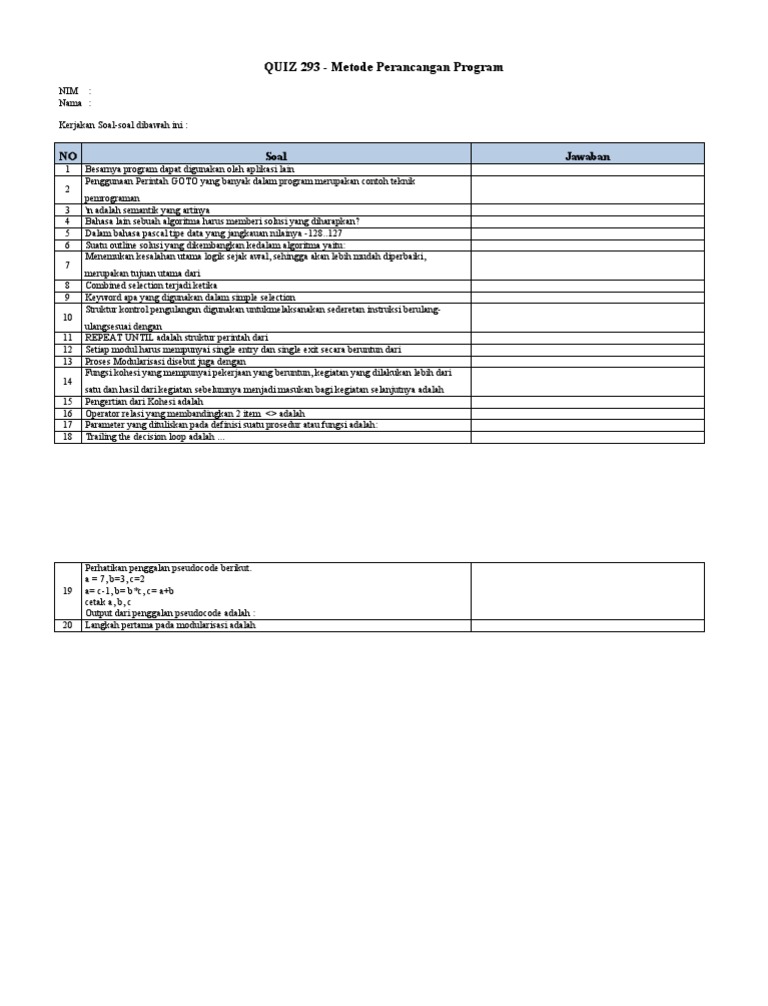 Pertemuan 7 QUIZ 293 - Metode Perancangan Program | PDF