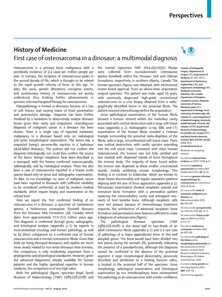 History of Medicine First Case of Osteosarcoma in A Dinosaur: A ...