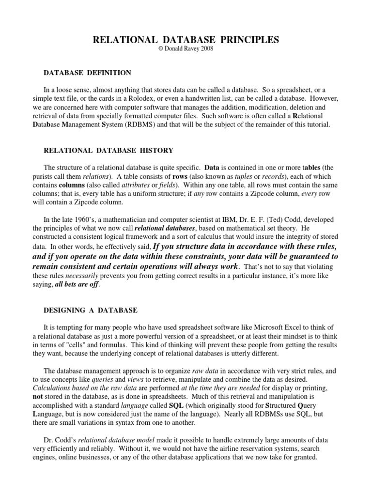 Relational Database Principles: Relational Databases, Based On Mathematical Set Theory. He ...