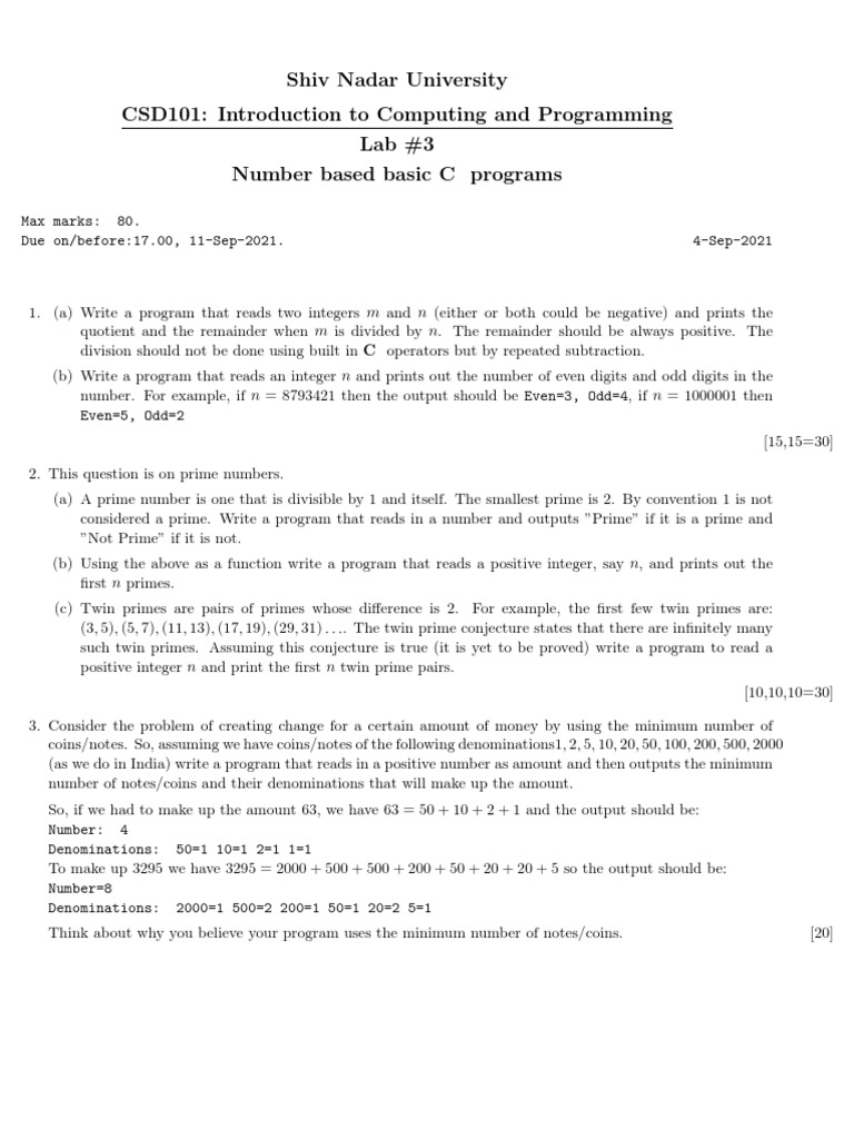 Shiv Nadar University CSD101: Introduction To Computing and Programming Lab #3 Number Based ...