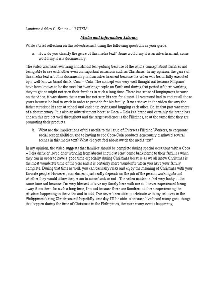 Reflection on Coca-Cola's Holiday Ad | PDF | Advertising | Mass Media