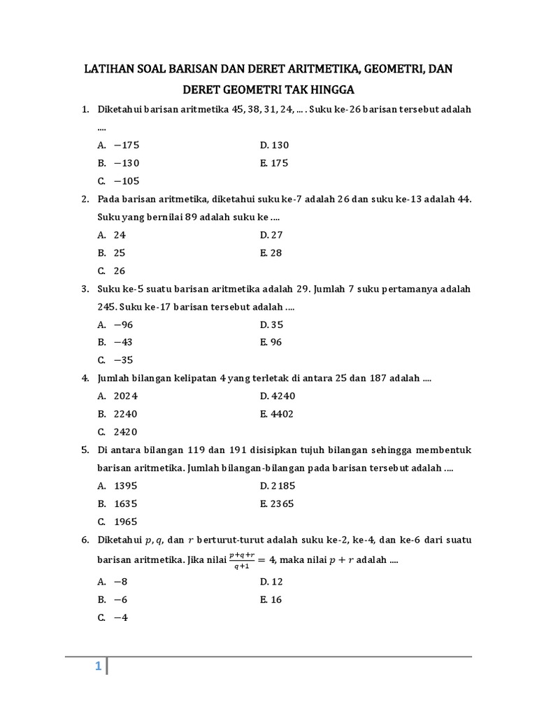 Evaluasi Latihan Soal Barisan Dan Deret Aritmetika Pilgan | PDF