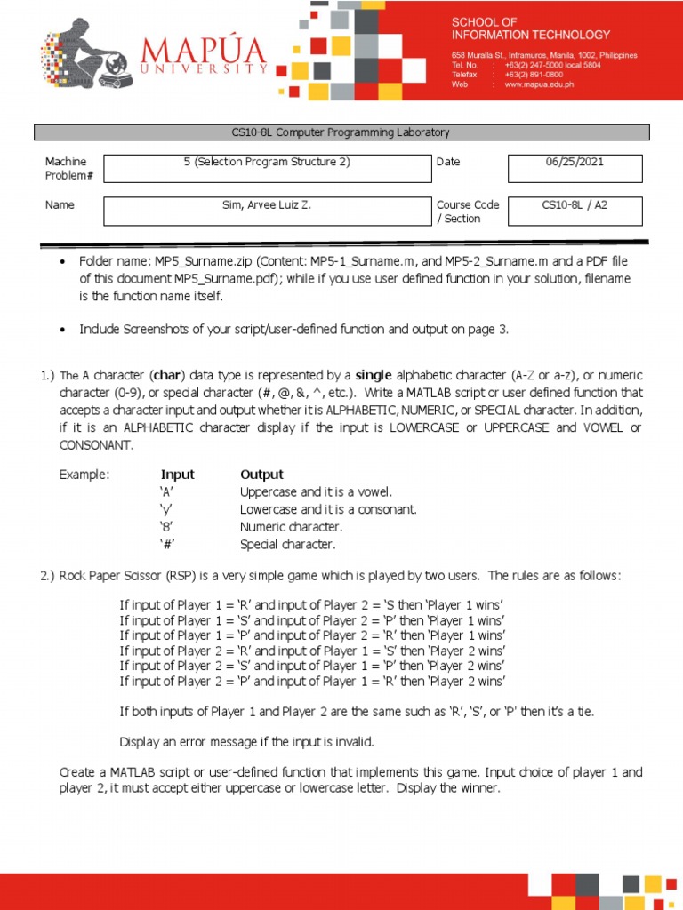 Cs10 8l Computer Programming Laboratory Machine Problem 5 Selection 