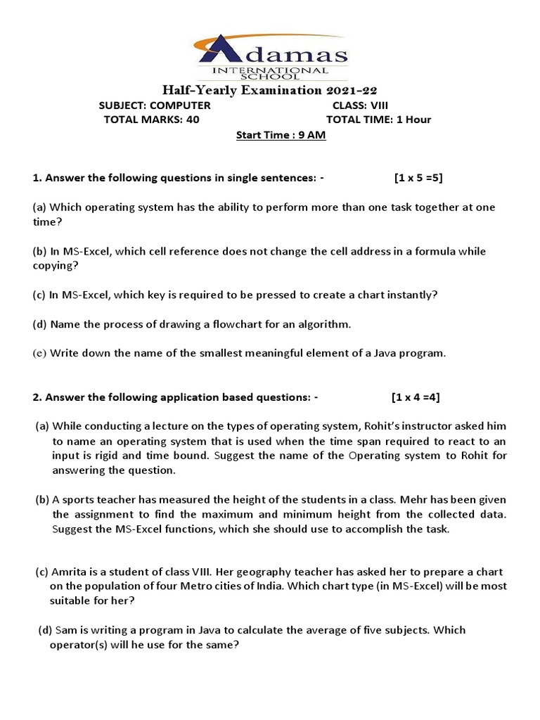 Half-Yearly Examination 2021-22 Computer Class VIII | PDF | Data Type ...
