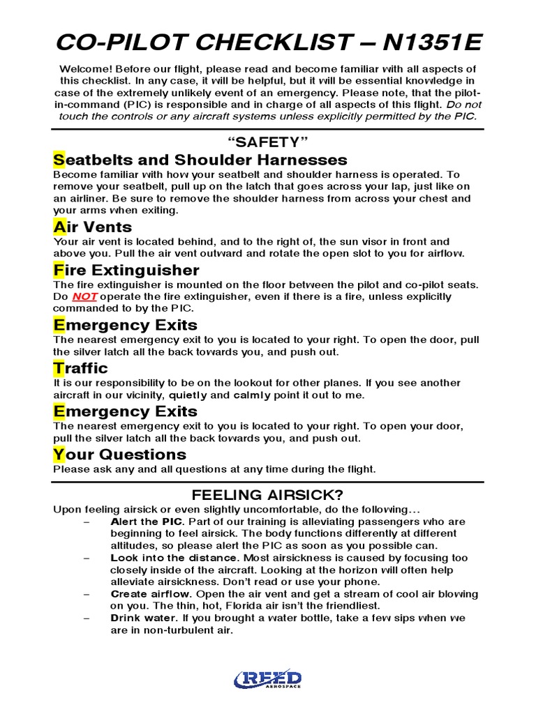 Co-Pilot Checklist - N1351E: Seatbelts and Shoulder Harnesses | PDF ...