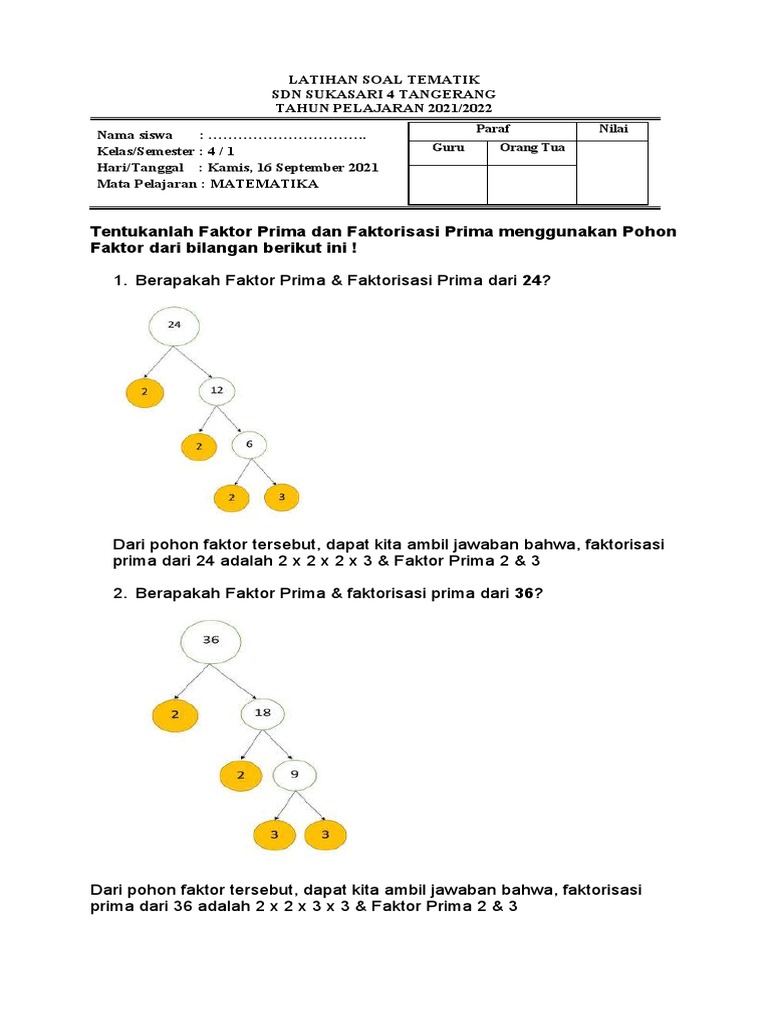 Jawaban MTK Faktor Prima & Faktorisasi Prima | PDF